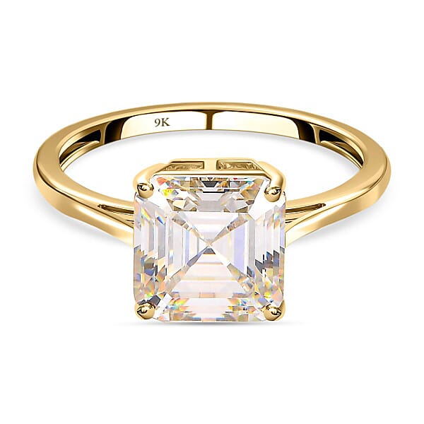 9K Yellow Gold Strontium Titanate (Asscher Cut) Solitaire Ring 5.74 Ct ...