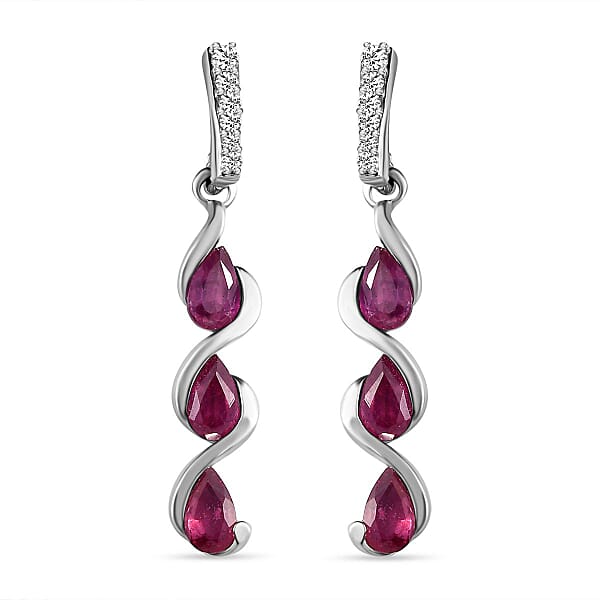 African Ruby with White Zircon Dangling Earring( push back) in Platinum ...