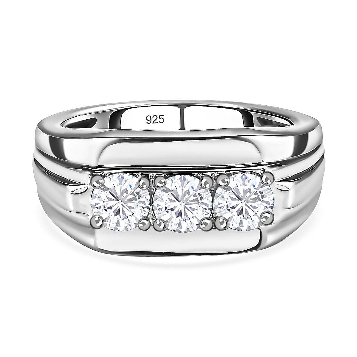 Moissanite Mens Ring in Platinum Overlay Sterling Silver Silver Wt. 5.10 Gms