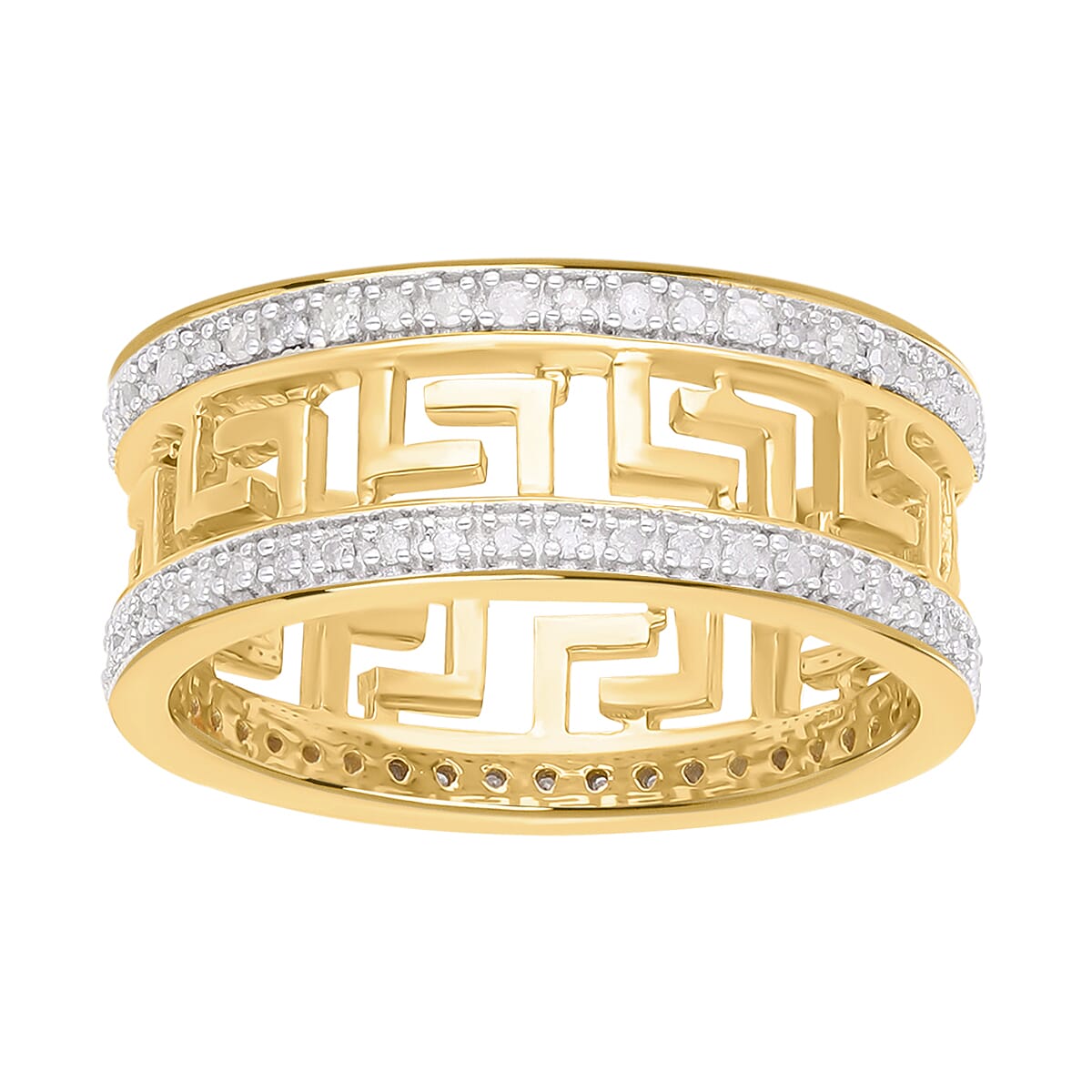 White Diamond Greek Key Ring in Vermeil Yellow Gold Plated Sterling ...