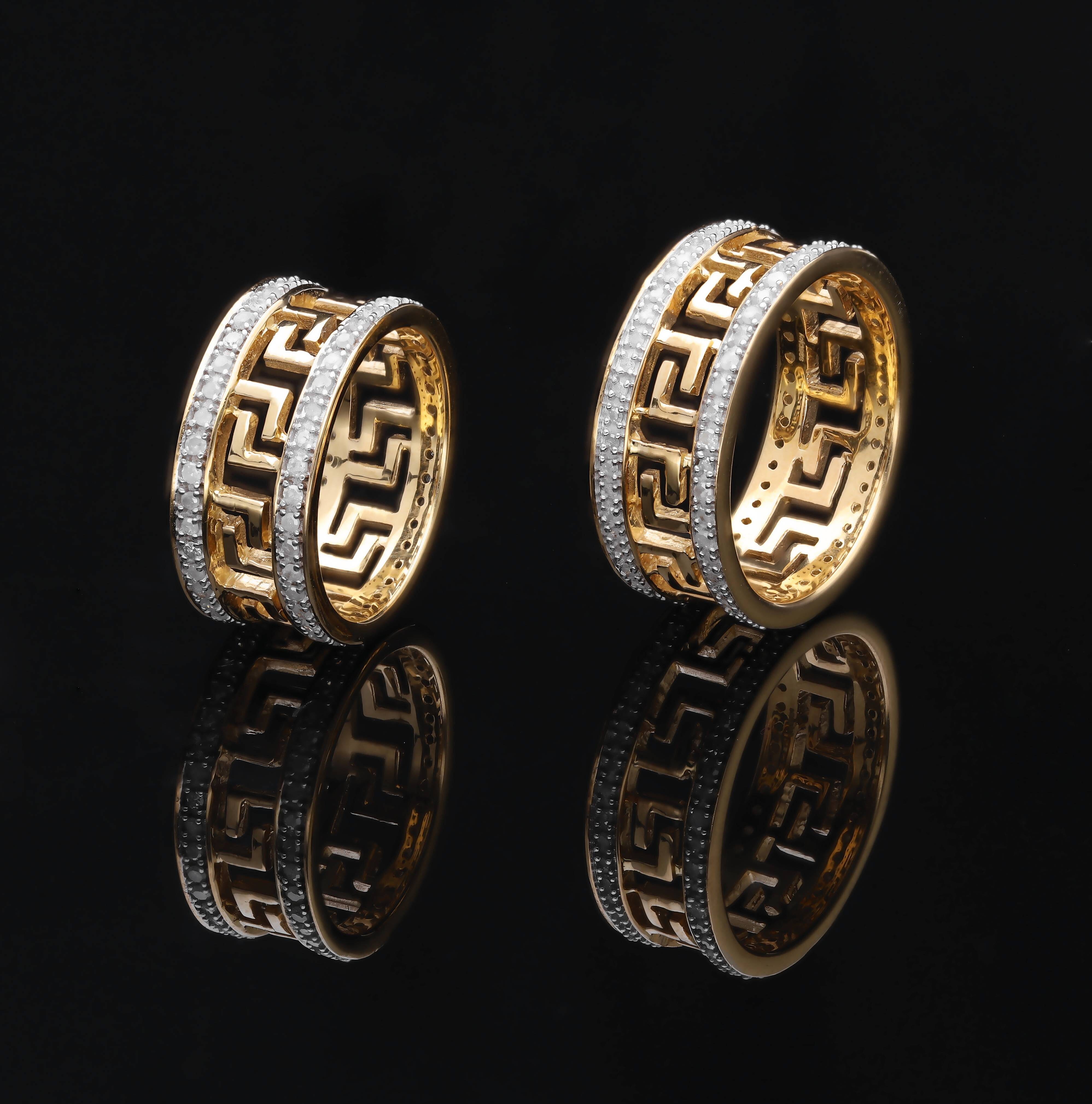 White Diamond Greek Key Ring in Vermeil Yellow Gold Plated Sterling ...