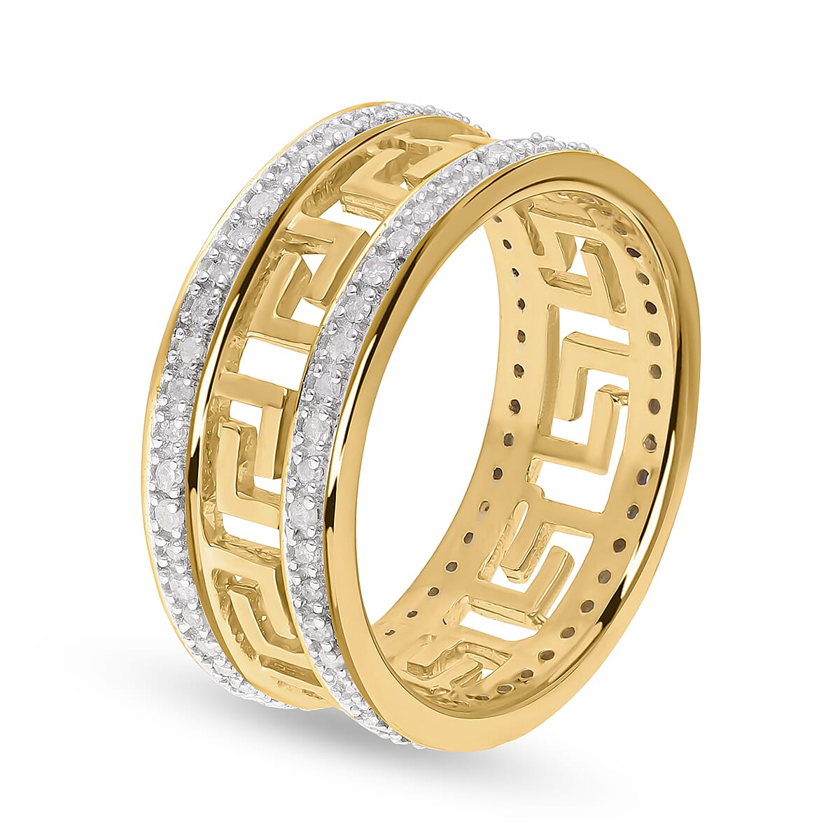 White Diamond Greek Key Ring in Vermeil Yellow Gold Plated Sterling ...