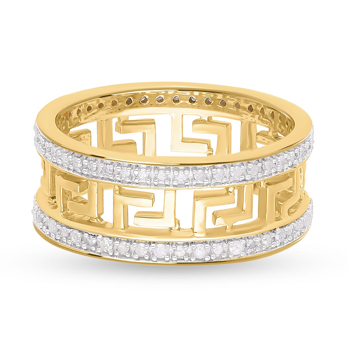 White Diamond Greek Key Ring in Vermeil Yellow Gold Plated Sterling ...