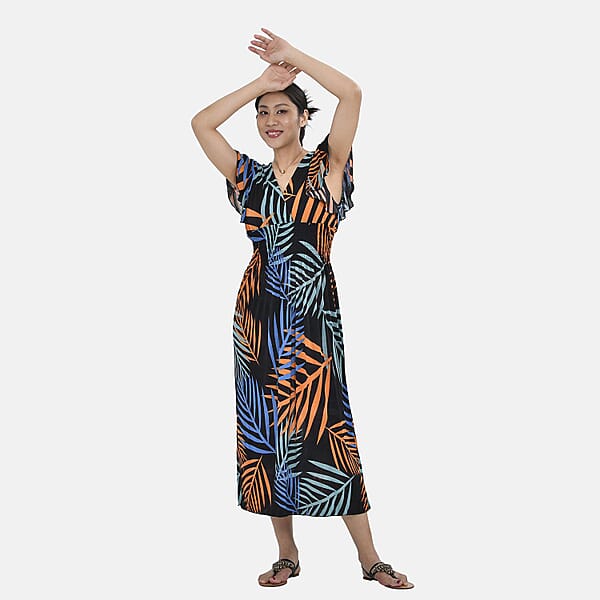 Tamsy Leaves Pattern Waist Maxi Dress with Flutter Sleeve (One Size 8 ...