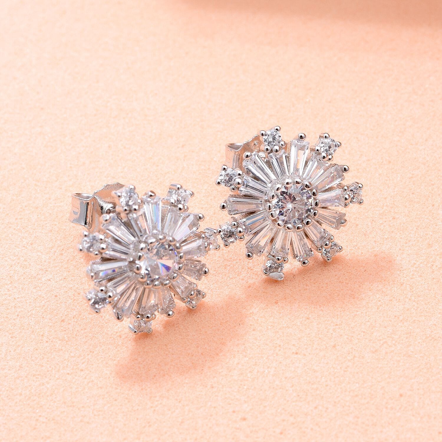Simulated Diamond Floral Stud Earrings With Push Back in Sterling ...