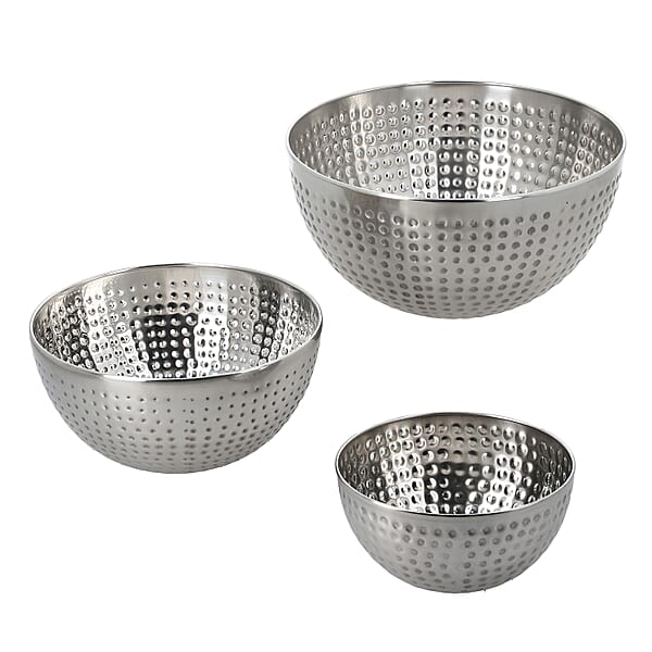 Set of 3 - Stainless Steel Bowl Set with Hammering - Silver - 7305849 - TJC