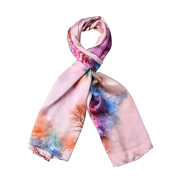 LA MAREY 100% Mulberry Silk Printed Scarf - Pink & Blue - 1674634294 - TJC