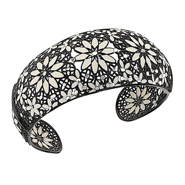 Sterling Silver Black Rhodium 28mm Enamel Flower Bangle (Size - 8-9 ...