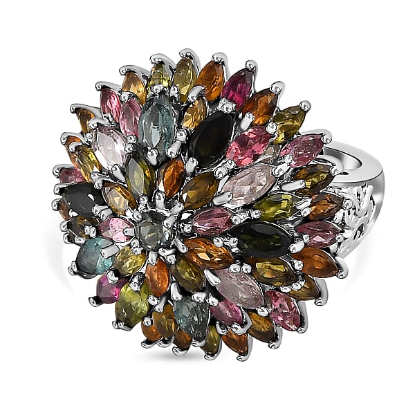 Multi-Tourmaline Cluster Ring in Platinum Overlay Sterling Silver 5.45 ...