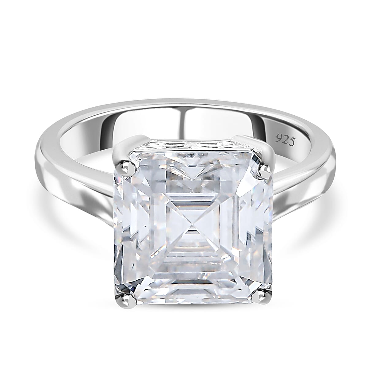 Moissanite (Asscher Cut) Solitaire Ring in Platinum Overlay Sterling ...