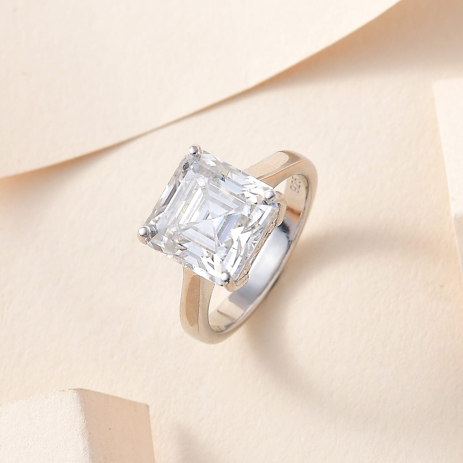 Moissanite (Asscher Cut) Solitaire Ring in Platinum Overlay Sterling ...