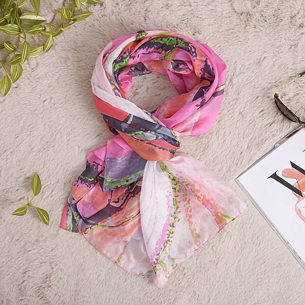 La Marey Abstract Pattern 100% Mulberry Silk Scarf (Size 178x110 Cm) - Pink & Orange - 7330488 - TJC