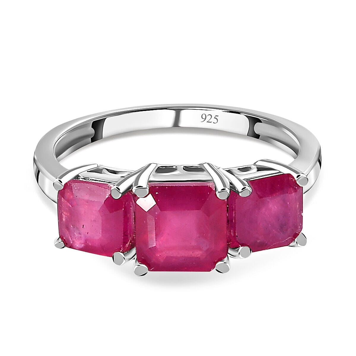 African Ruby Trilogy Ring in Platinum Overlay Sterling Silver 3.520 Ct ...