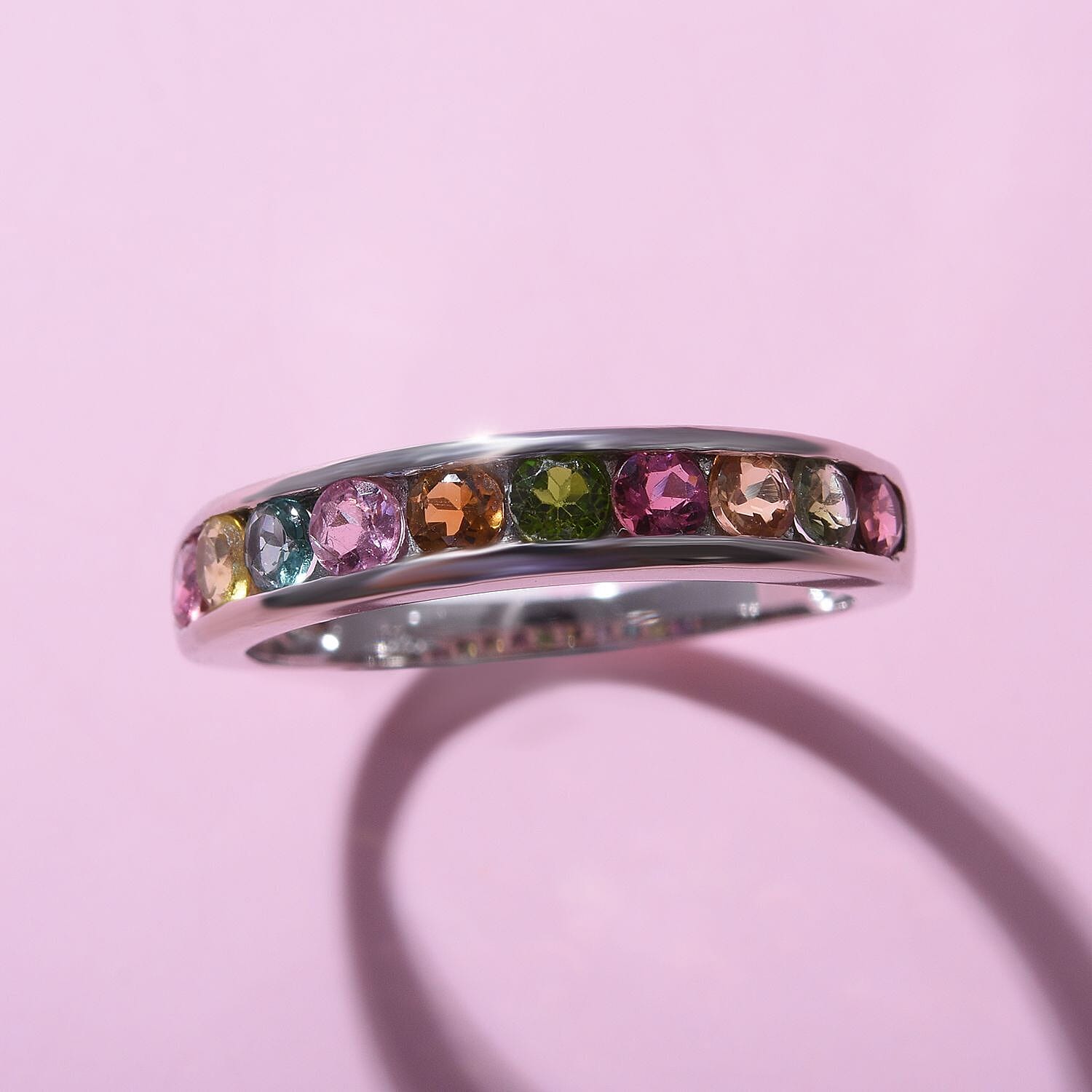 Multi-Tourmaline Half-Eternity Wedding Band Ring in Rhodium Overlay ...