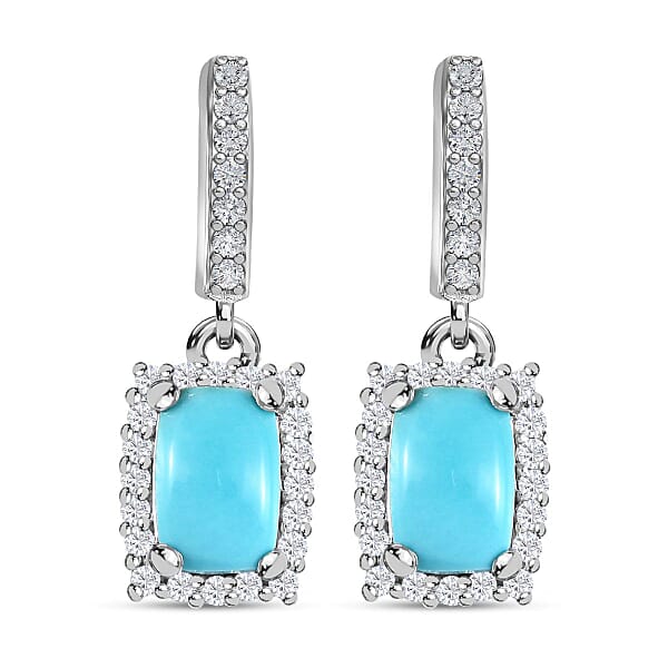 Sleeping Beauty Turquoise ,White Zircon Dangling Earring (With Push ...