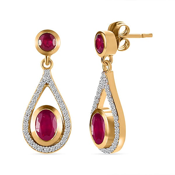 African Ruby and Natural Zircon Dangle Earrings in 18K Vermeil Yellow ...