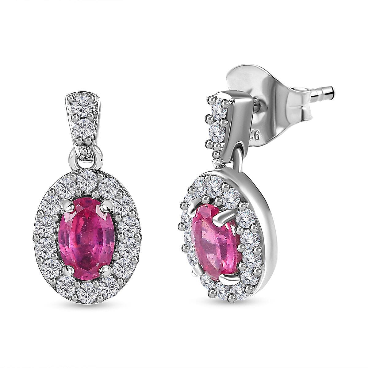 Ruby and Natural Zircon Earrings (with Push Post) in Platinum Overlay ...
