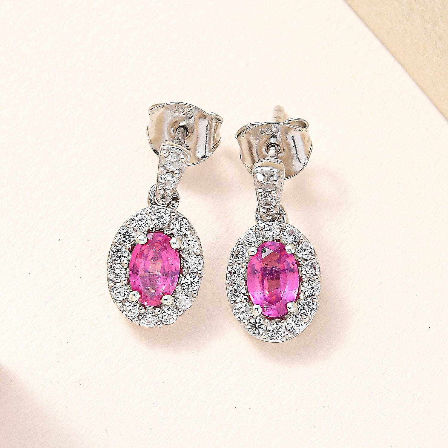 Ruby and Natural Zircon Earrings (with Push Post) in Platinum Overlay ...