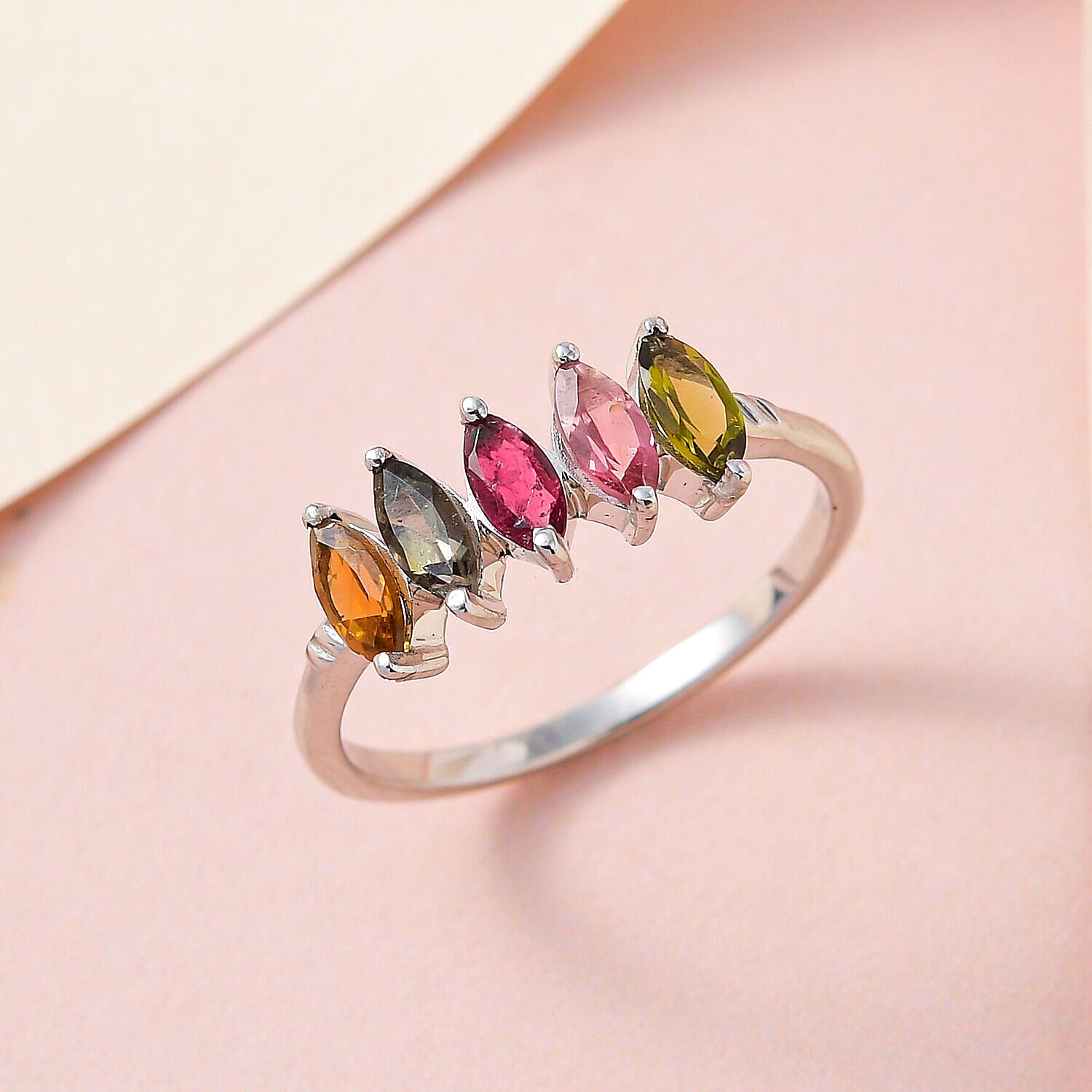 Multi-Tourmaline 5 Stone Ring in Platinum Overlay Sterling Silver 1.120 Ct. - 7363224 - TJC