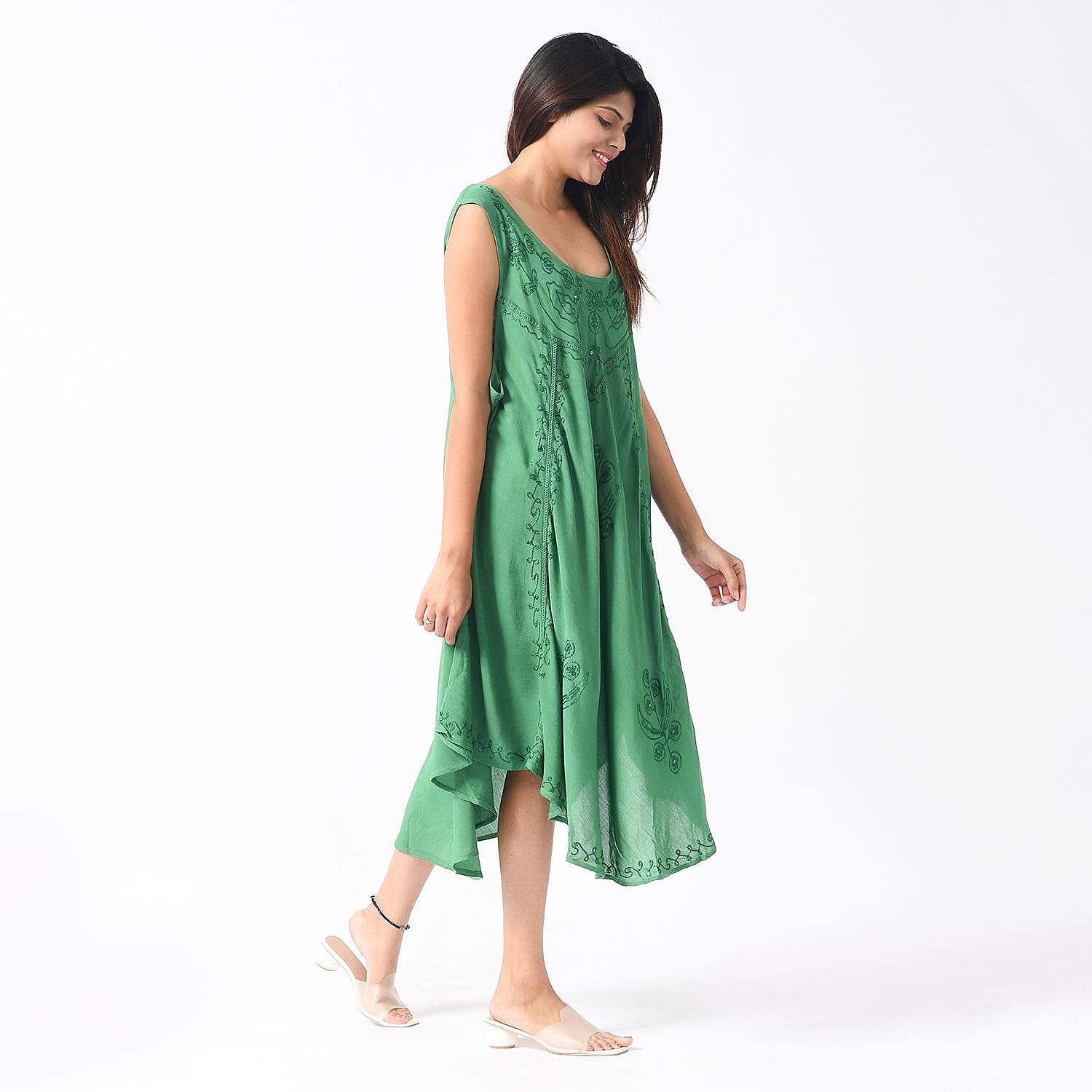 TAMSY Umbrella Dress with Sequin Floral Embroidery - Emerald Green ...