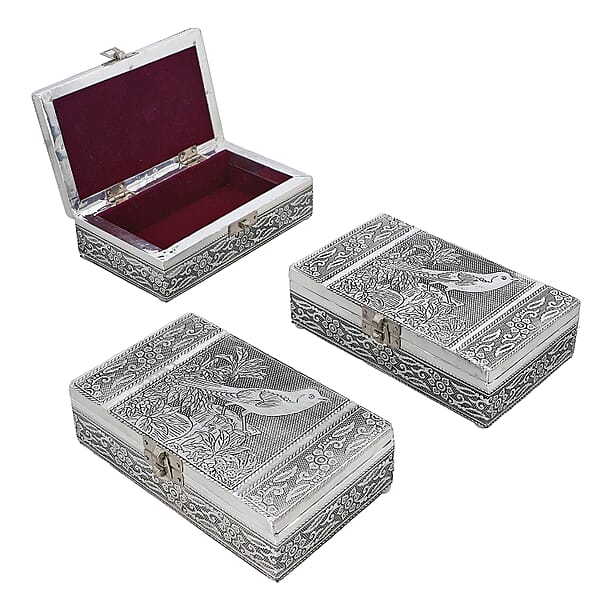 Set of 3 Handcrafted Aluminium Bird on Tree Top Embossed Storage Box ...