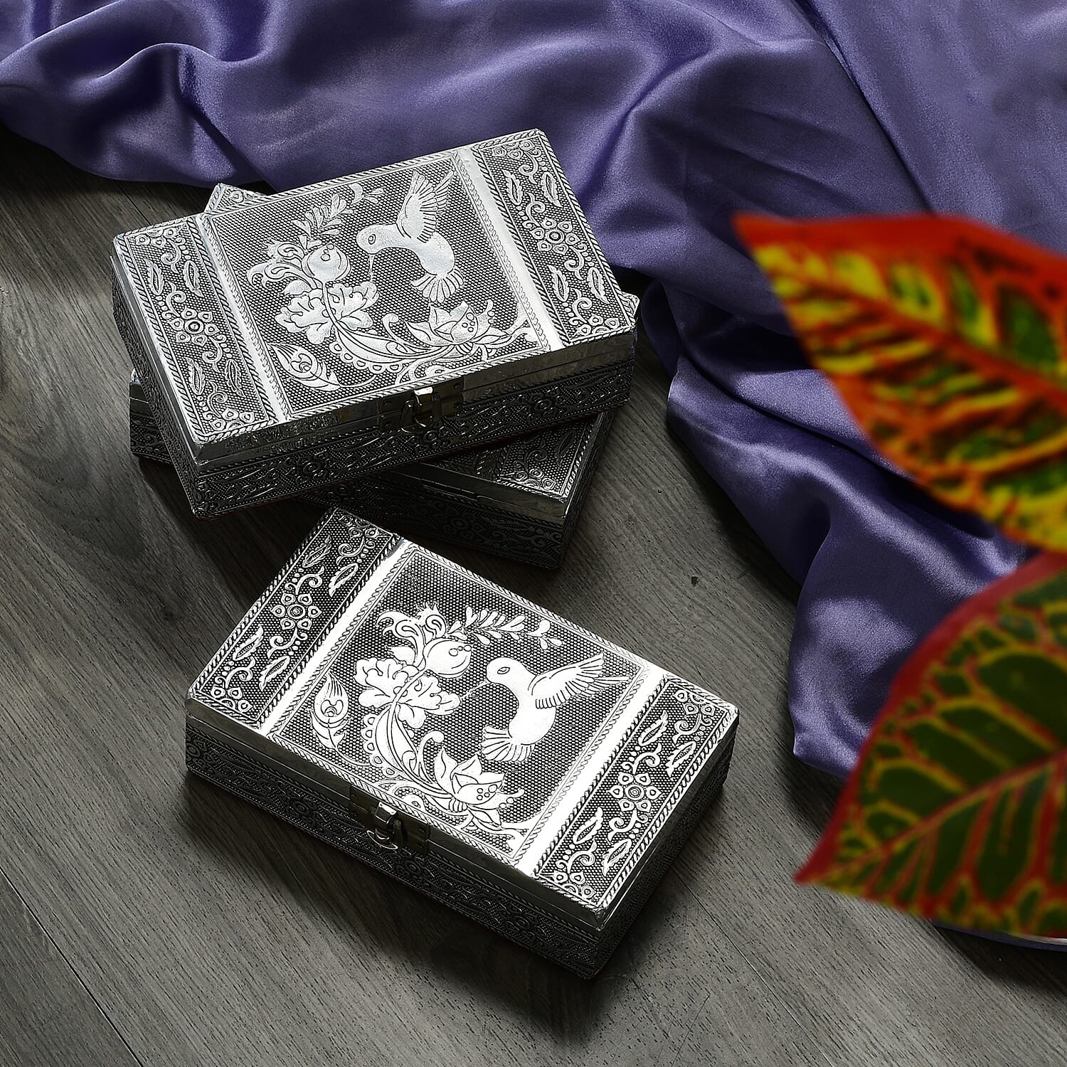 Set of 3 Handcrafted Aluminium Humming Bird Embossed Storage Box (Size ...