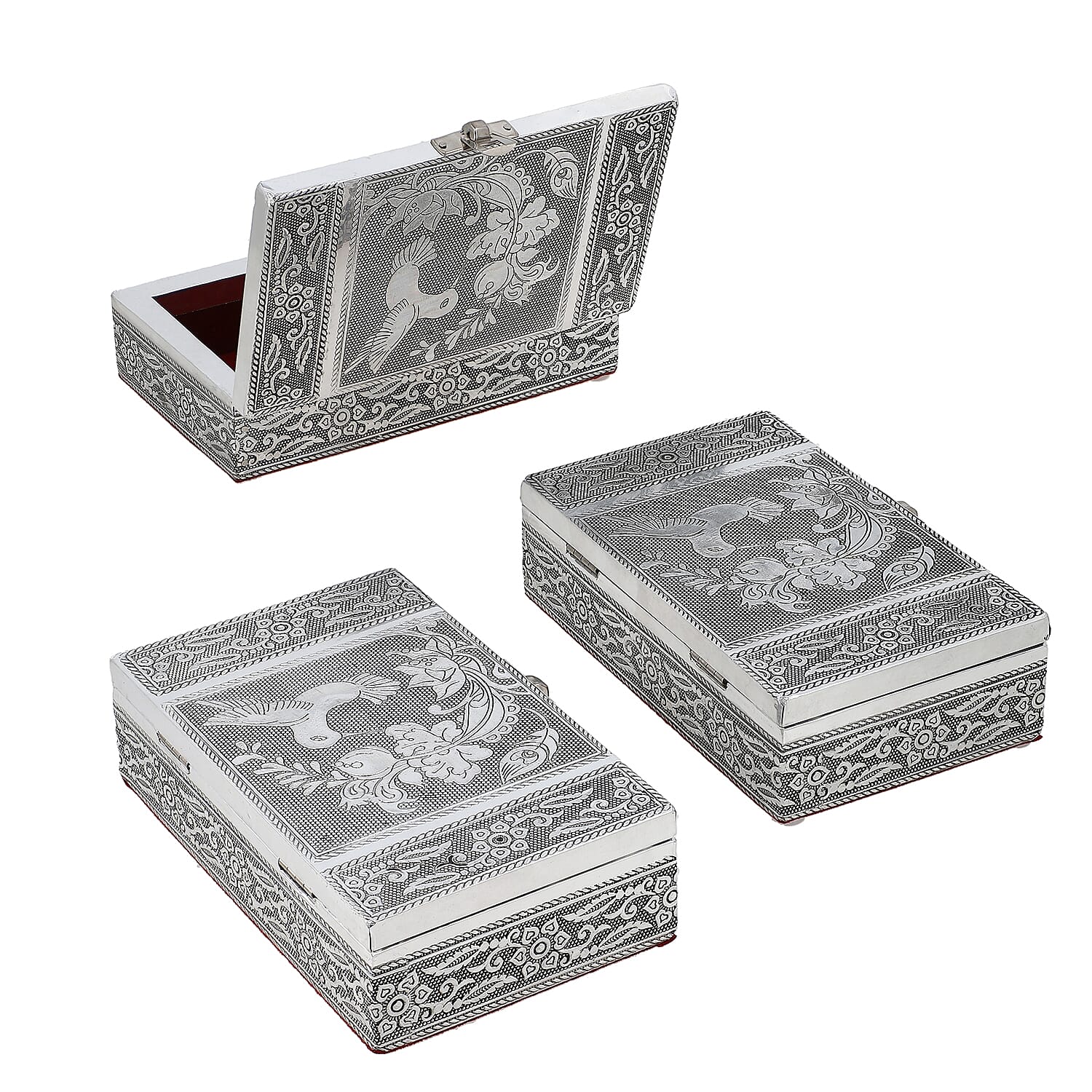 Set of 3 Handcrafted Aluminium Humming Bird Embossed Storage Box (Size ...