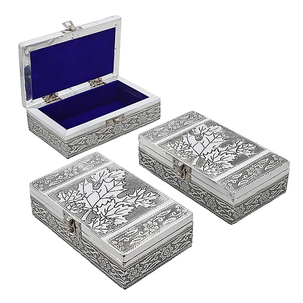 Set of 3 Handcrafted Aluminium Maple Leaf Embossed Storage Box (Size ...