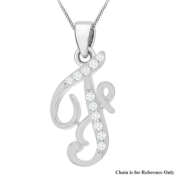 F Initial Pendant In Script Font In Sterling Silver Rhodium Plated