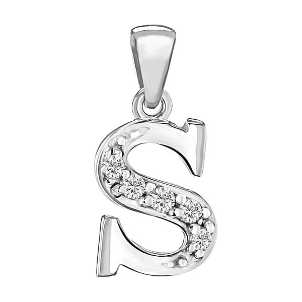 S Initial Pendant in Sterling Silver Rhodium Plated Cubic Zirconia 9 ...