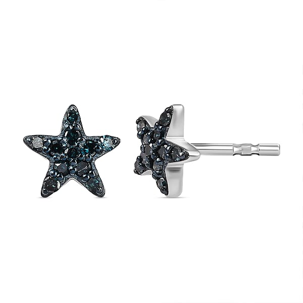 Blue Diamond Star Stud Earrings in Platinum Overlay Sterling Silver 0. ...