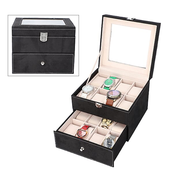 2 Layer Velvet Watch Box with Transparent Window and Lock - Black ...