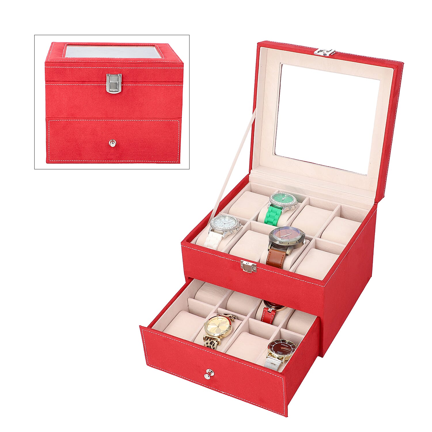 2 Layer Velvet Watch Box with Transparent Window and Lock - Red ...