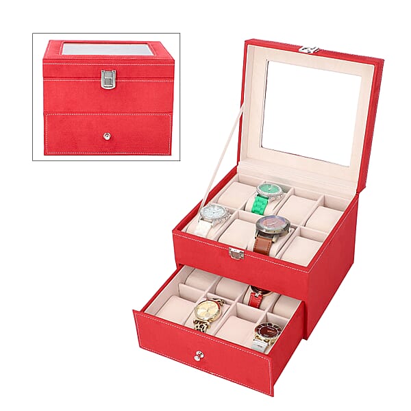 2 Layer Velvet Watch Box with Transparent Window and Lock - Red ...