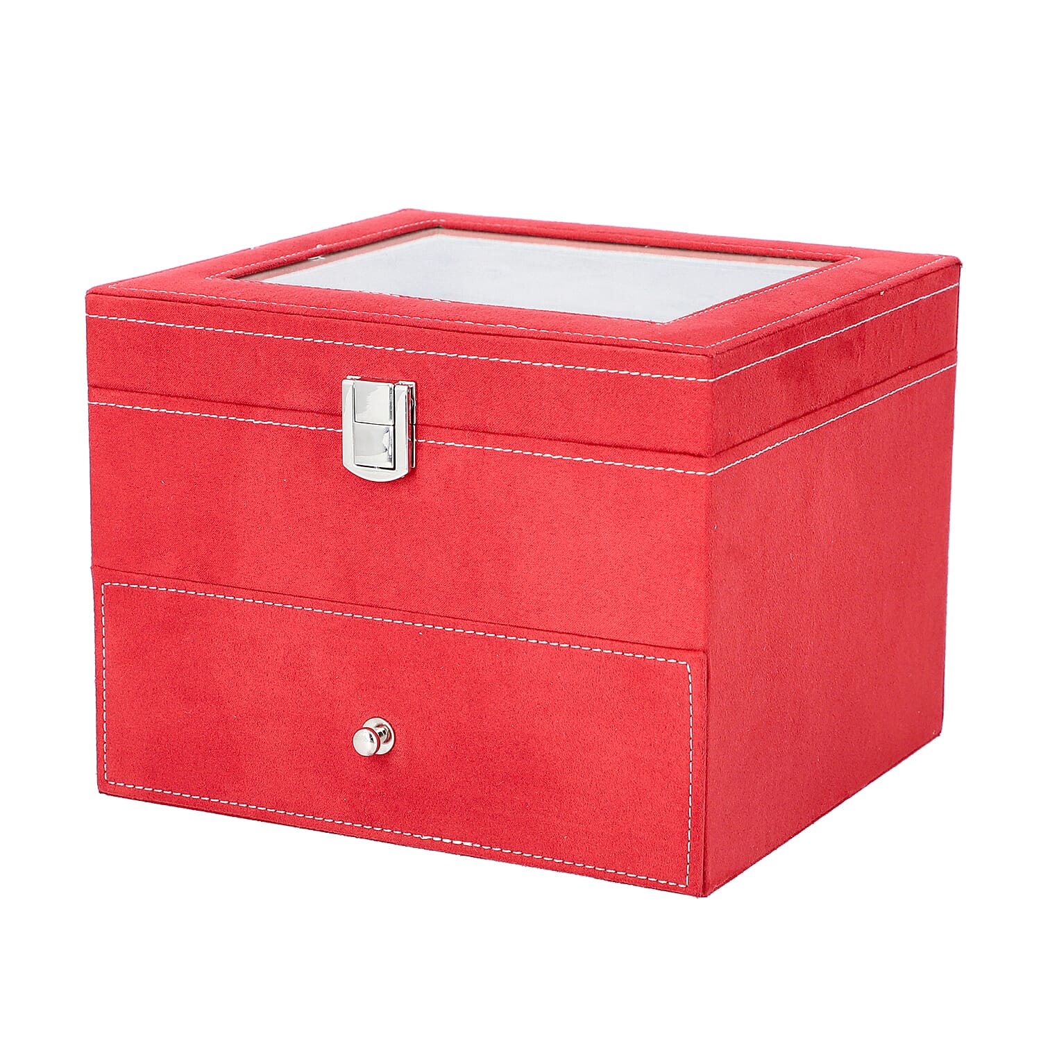 2 Layer Velvet Watch Box with Transparent Window and Lock - Red ...
