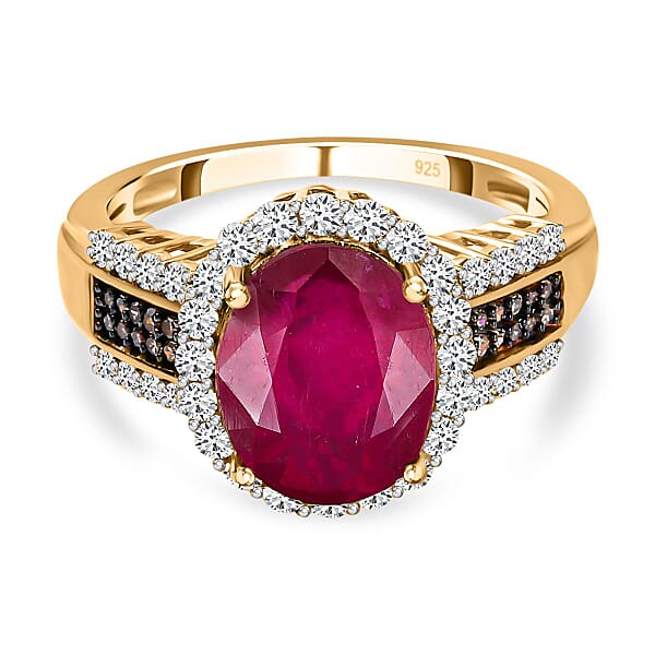 African Ruby, Natural Zircon and Champagne Diamond Ring in 18K Yellow ...