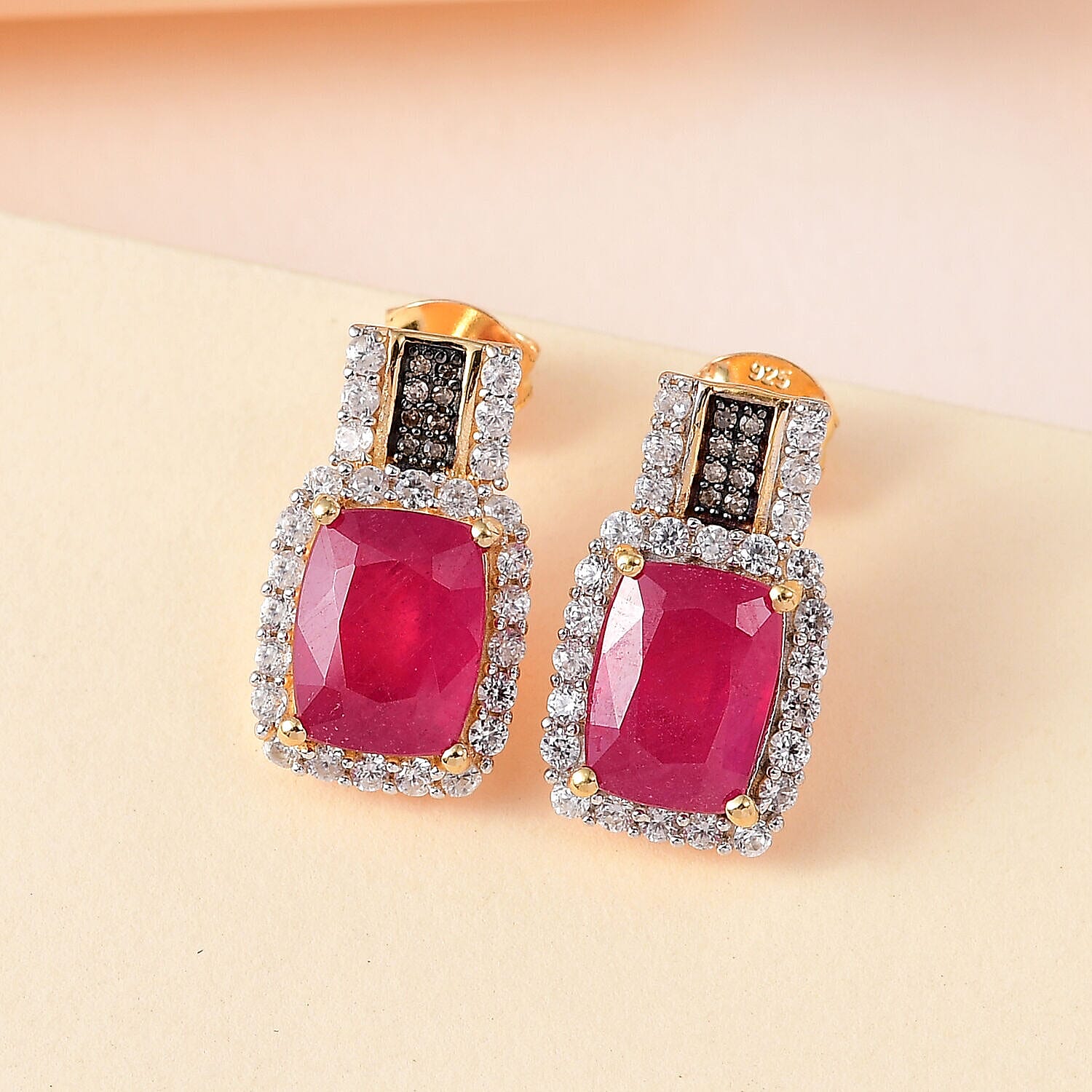 African Ruby, Natural Zircon and Champagne Diamond Stud Earrings in 18K ...