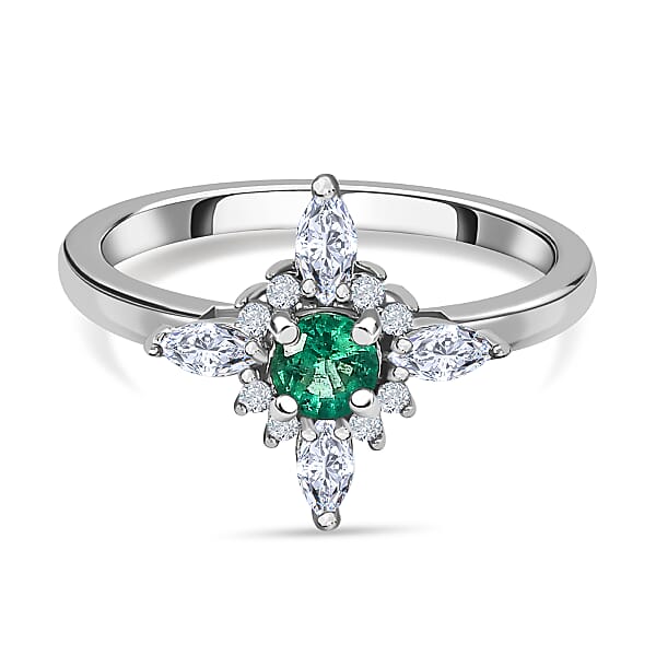 Emerald & Moissanite Ring in Platinum Overlay Sterling Silver ...