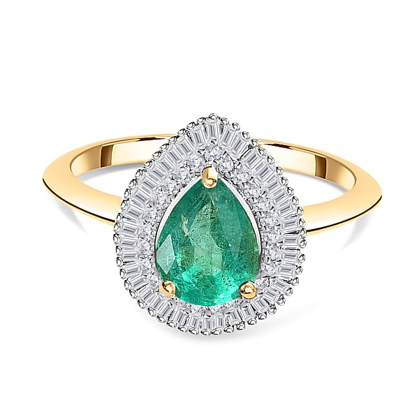 9K Yellow Gold AAA Gemfields Emerald (1.00 Ct.) and Diamond (G-H) Ring ...