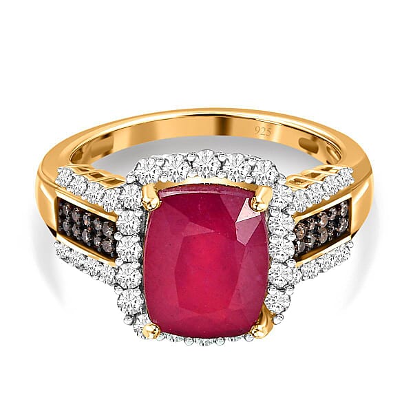African Ruby, Natural Zircon and Champagne Diamond Ring in 18K Vermeil ...