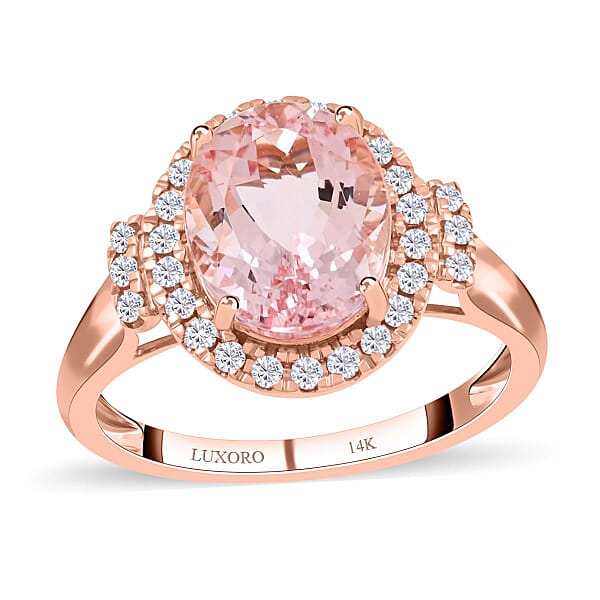 AAA Pink Morganite with White Diamond Halo Ring in 14K Rose Gold ...