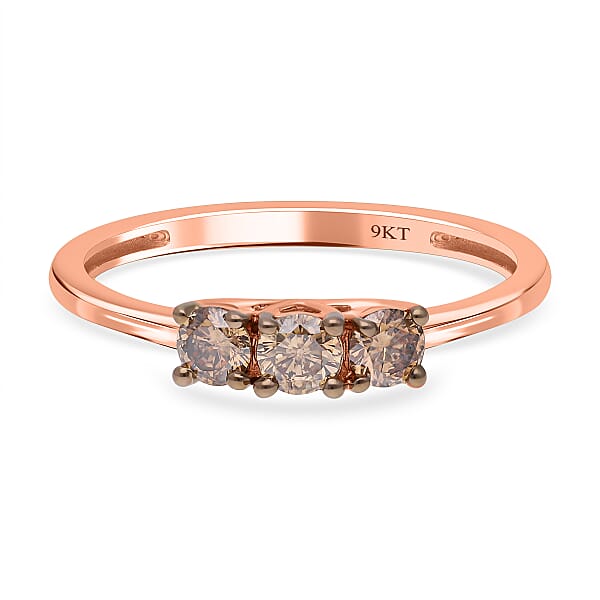 Natural Champagne Diamond Trilogy Ring in 9K Rose Gold, SGL Certified ...