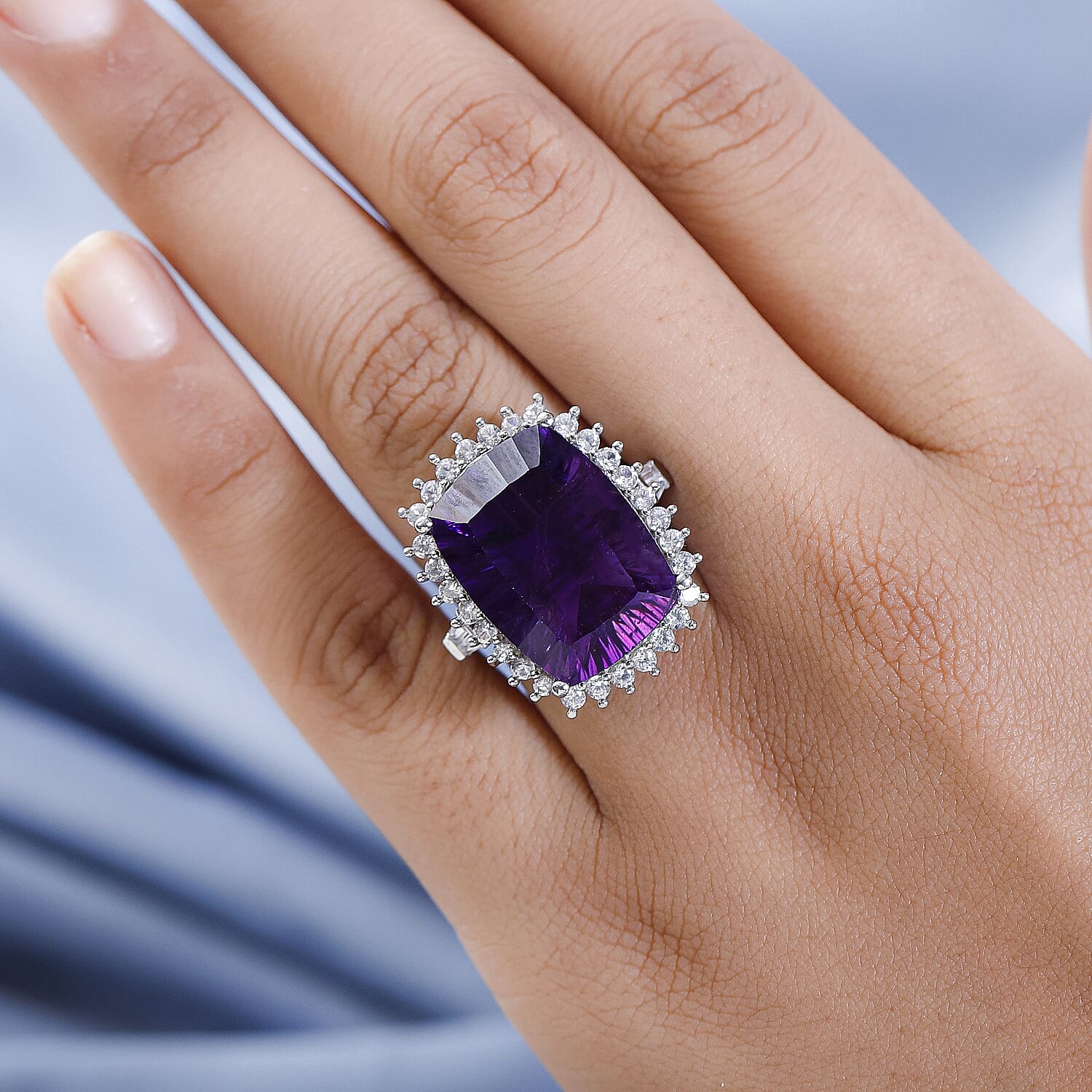 TJC Launch Concave Cut Amethyst & Natural Zircon Ring in Platinum ...