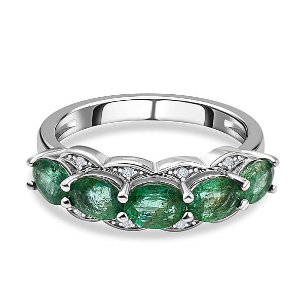 AAA Gemfields Emerald and Natural Cambodian Zircon Ring in Rhodium ...