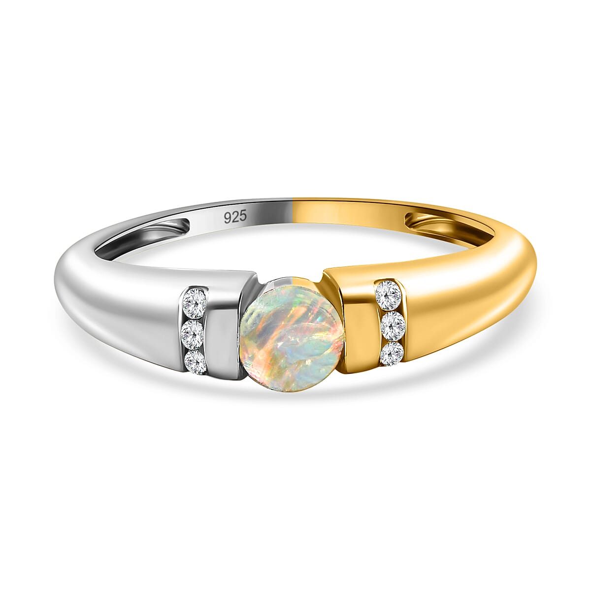 Ethiopian Welo Opal & Natural Zircon Ring in Two-Tone Plating ...
