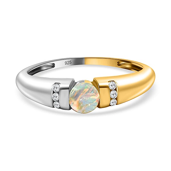 Ethiopian Welo Opal & Natural Zircon Ring in Two-Tone Plating ...
