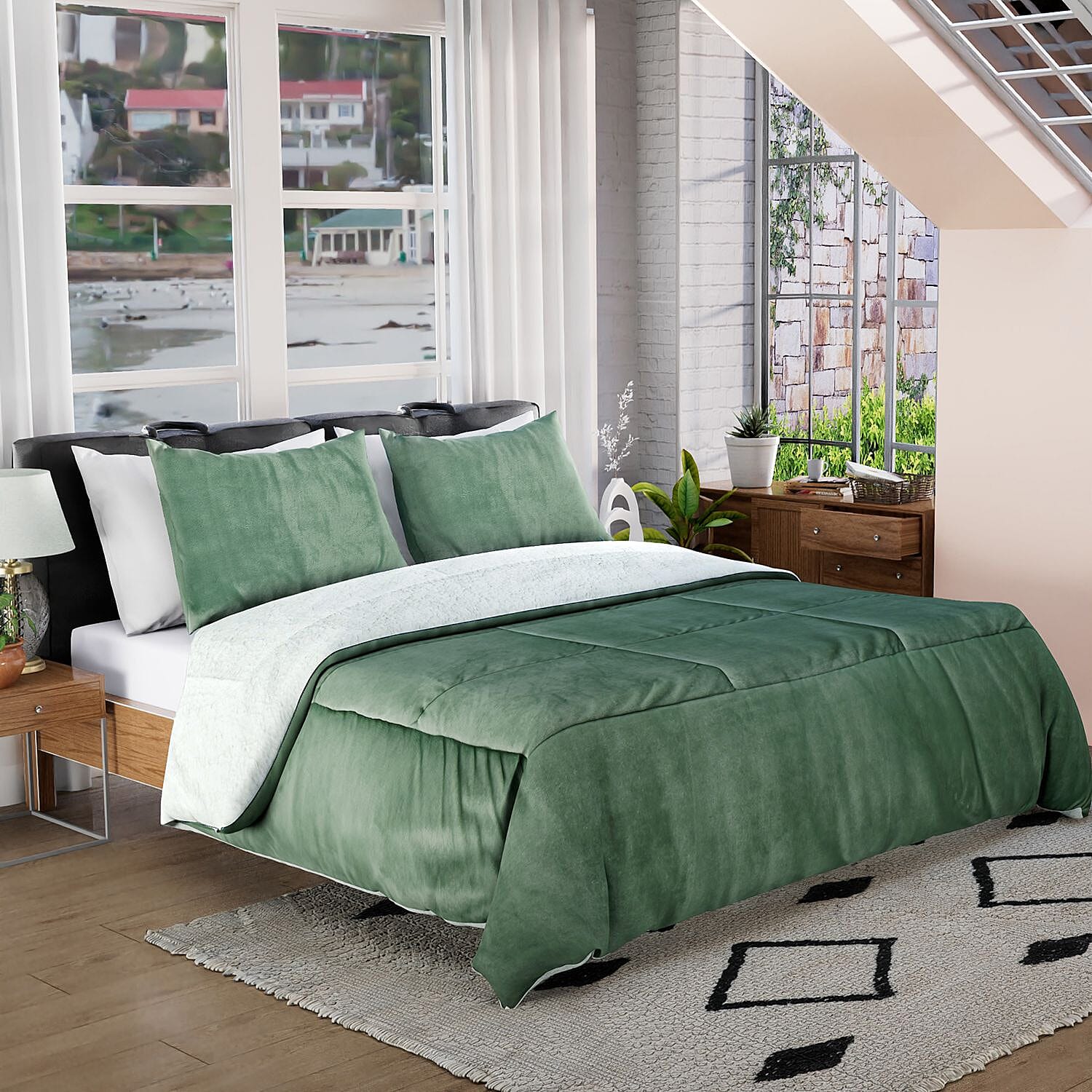 NEW Sherpa Comforter Size UK King 2 Pillow Cases Size 75x50cm Mint 7553441 TJC
