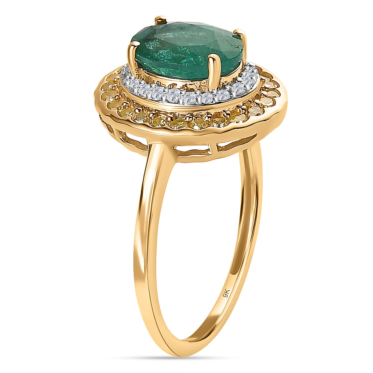 9K Yellow Gold Gemfields Emerald, Natural Yellow & White Diamond Ring 1 ...
