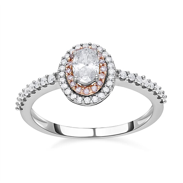 Natural Pink and White Diamond Halo Ring in 14K Rose and White Gold ...