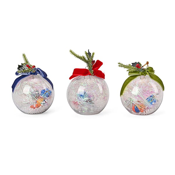 Set of 3 Christmas Decoration Balls with Ribbon & 5 LED Lights - Multi ...